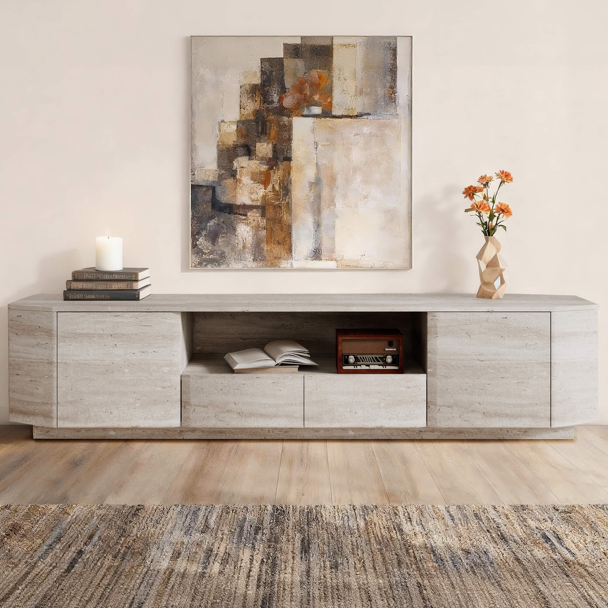 79" Aaron Modern Travertine TV Console | Large-Capacity – CHITA LIVING