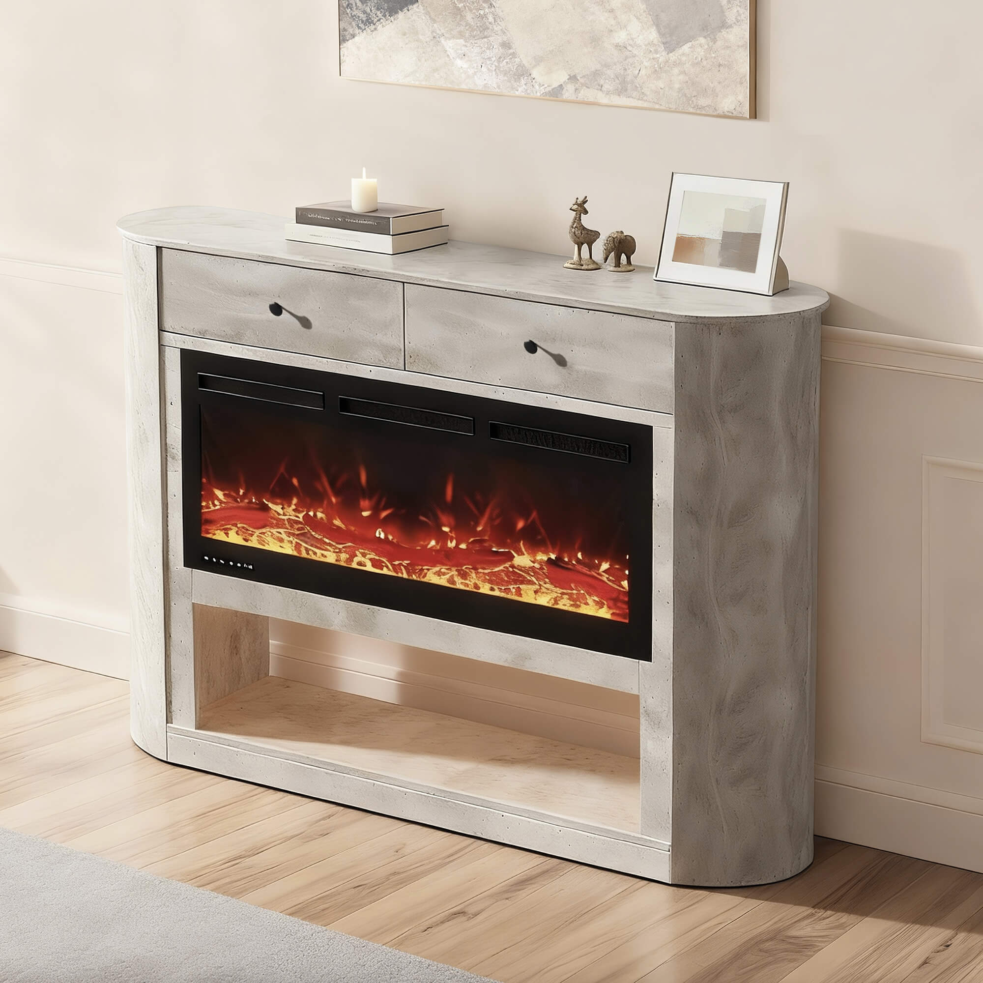 63" Aaron Travertine Electric Fireplace Sideboard|Travertine Ceramic ...