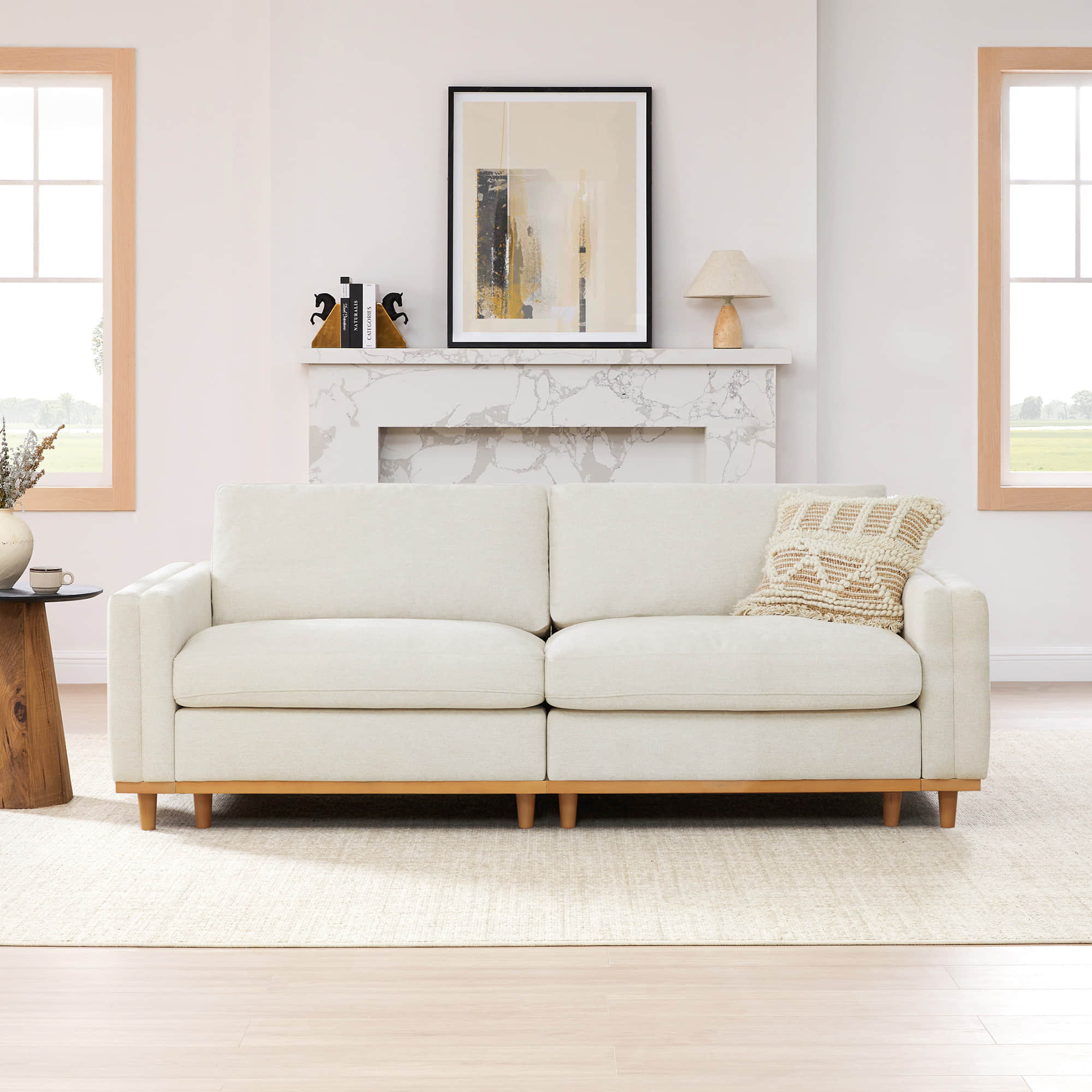 White couch with wooden legs store